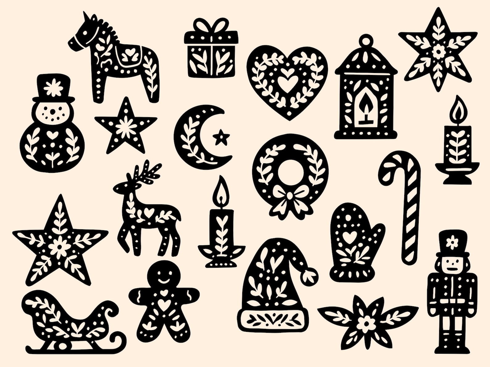 Christmas Folk Linocut Clipart Bundle, Handrawn Santa Silhouette ...
