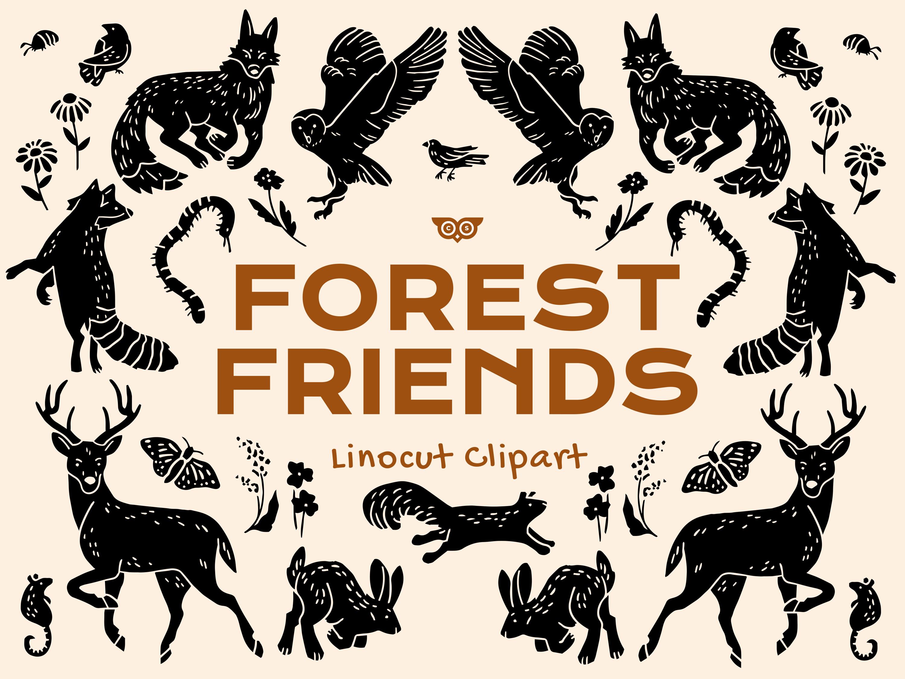 Forest Friends Linocut Clipart, Animal SVG, PNG Woodland Creatures ...