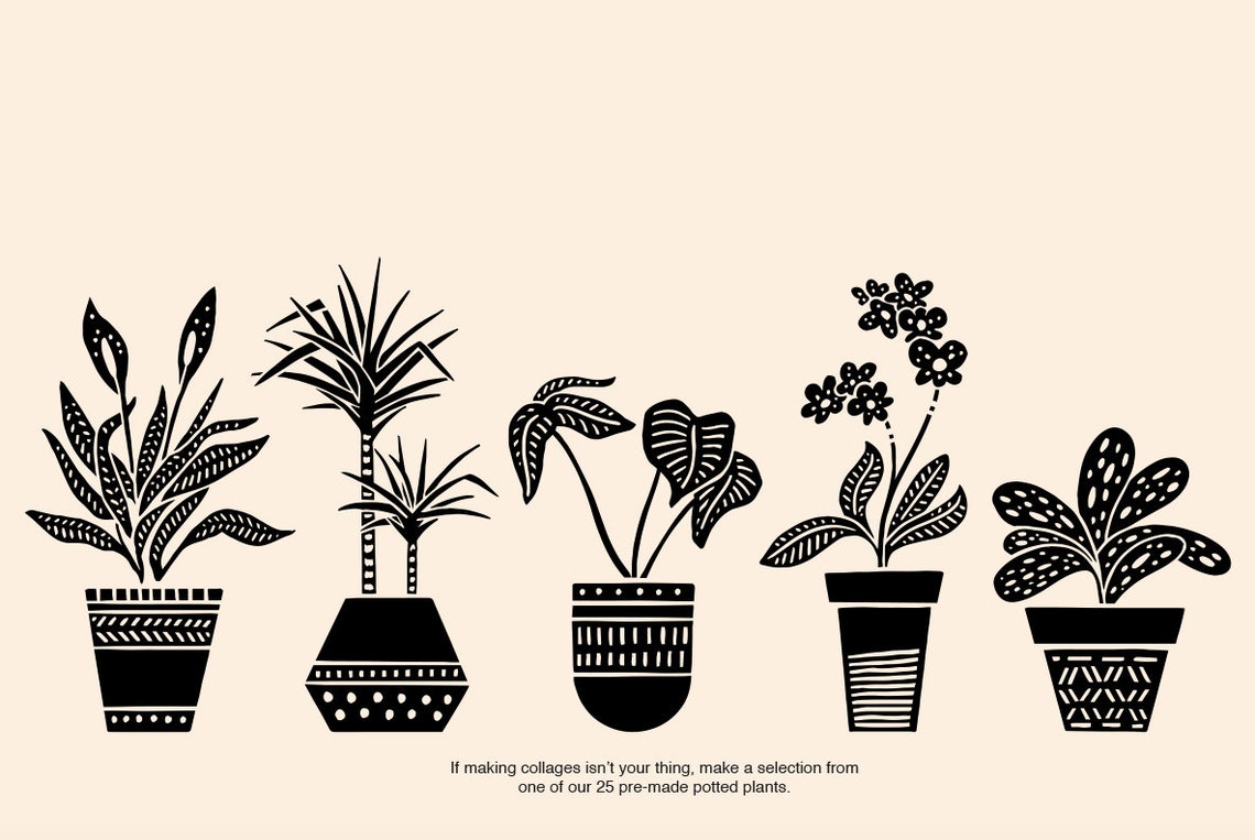 Potted Plants Linocut Bundle | Gardening Linoprint | Floral PNG ...