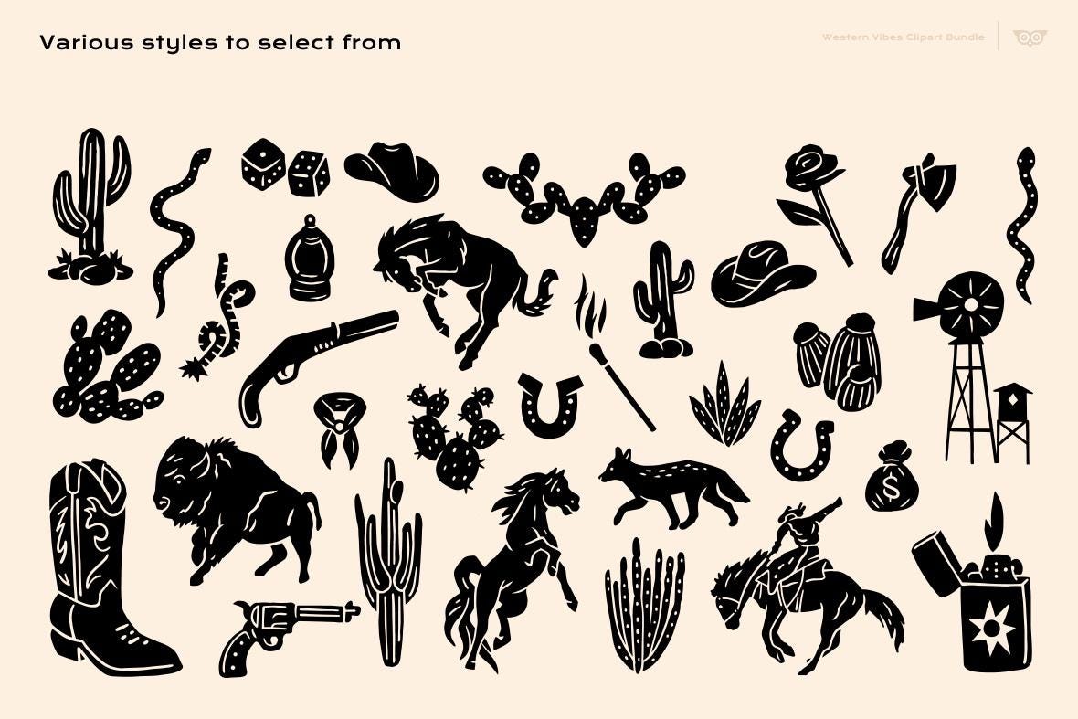 Western Vibes Clipart Bundle, Handrawn Linocut Cowboy PNG, Cowgirl SVG ...
