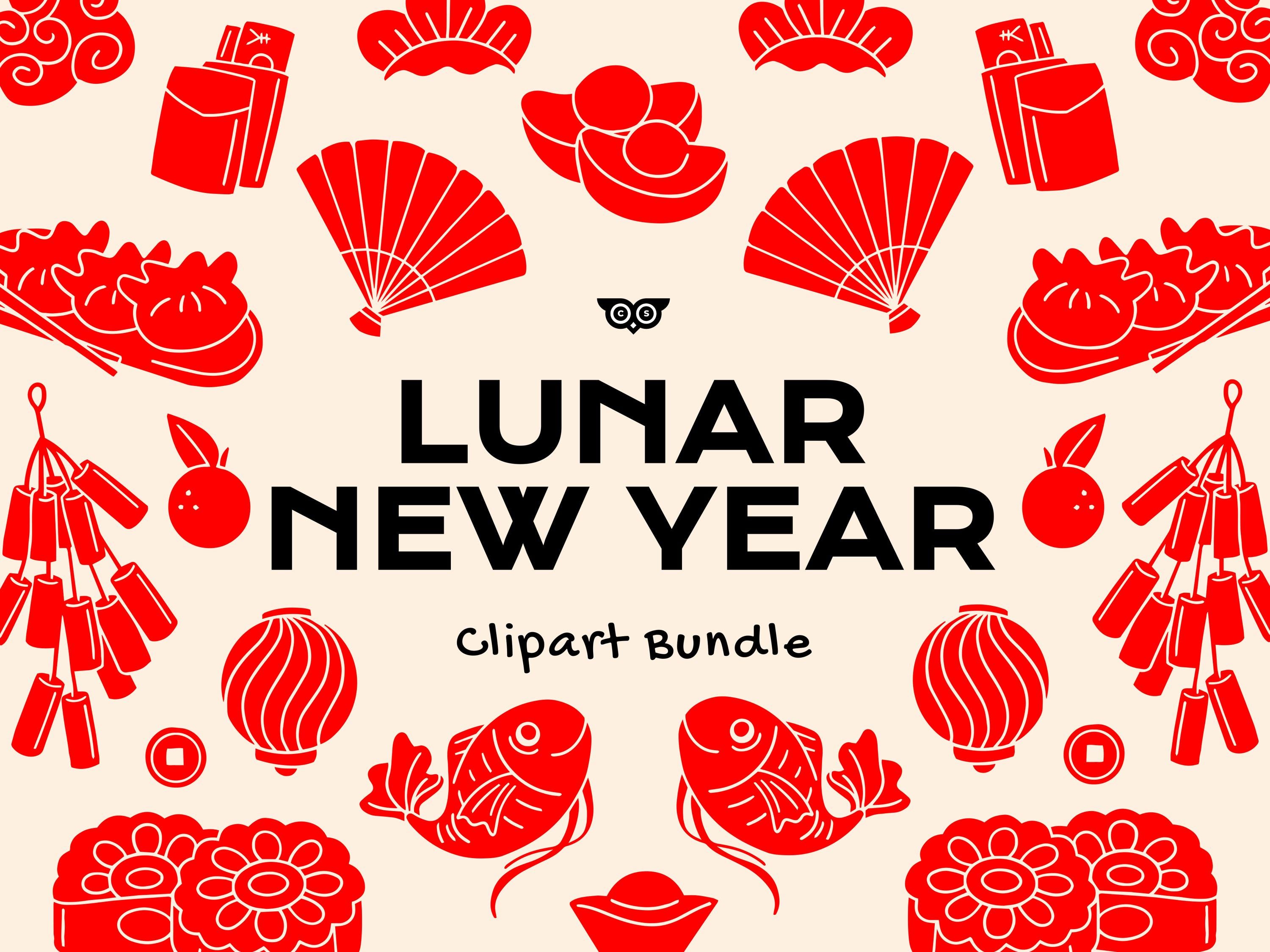 Lunar New Years Linocut Clipart Bundle, Handrawn Chinese Celebrations ...