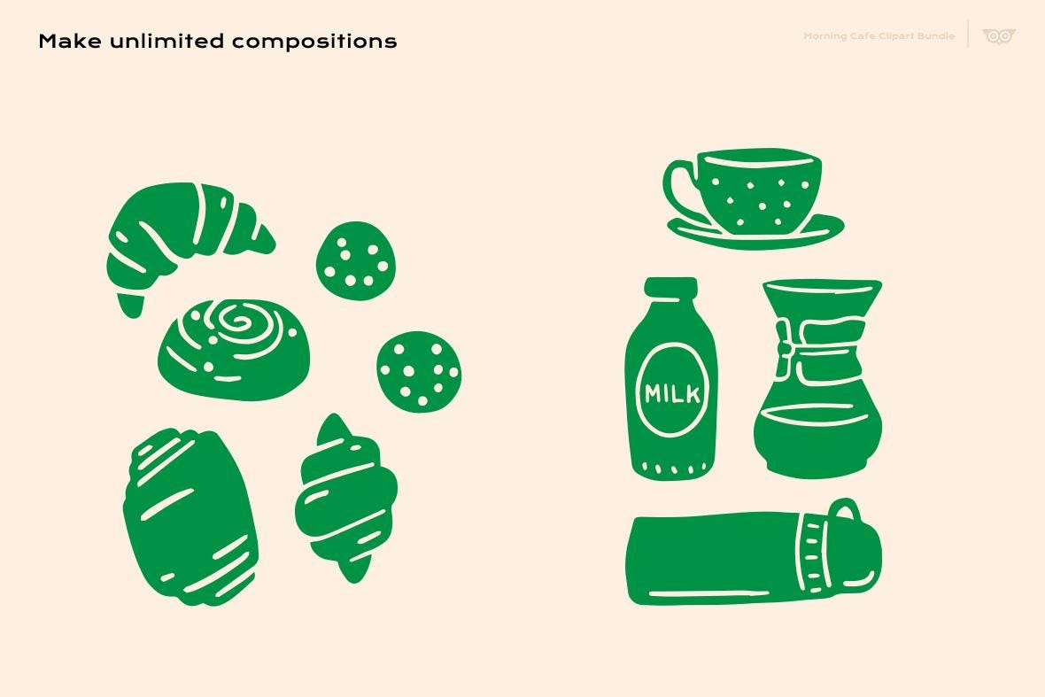 Morning Cafe Clipart Bundle, Coffee Vector PNG, Morning Pastry Clipart ...