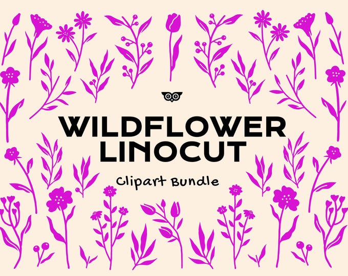 Floral Linocut Clipart Bundle, Handrawn Linoprint Flowers, Botanical ...