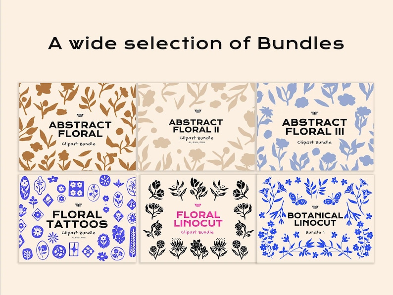 Entire Store Bundle Clipart, Digital Linocut Floral Clipart, Whole Shop Clipart Linoprint and ...