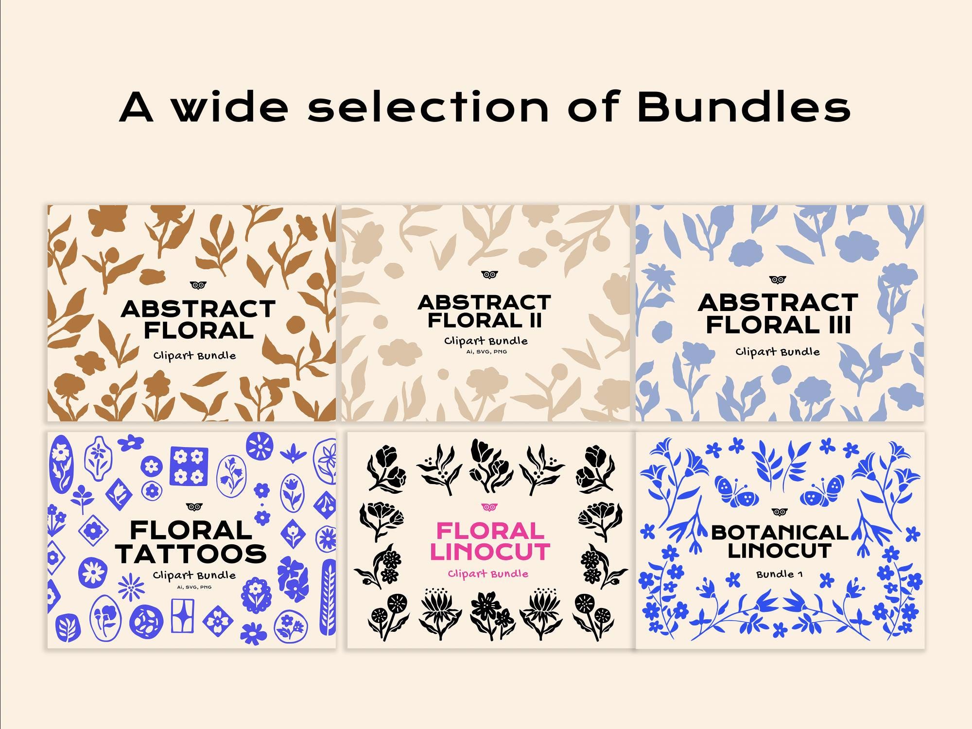Entire Store Bundle Clipart, Digital Linocut Floral Clipart, Whole Shop ...