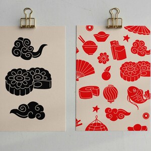 Lunar New Years Linocut Clipart Bundle, Handrawn Chinese Celebrations ...