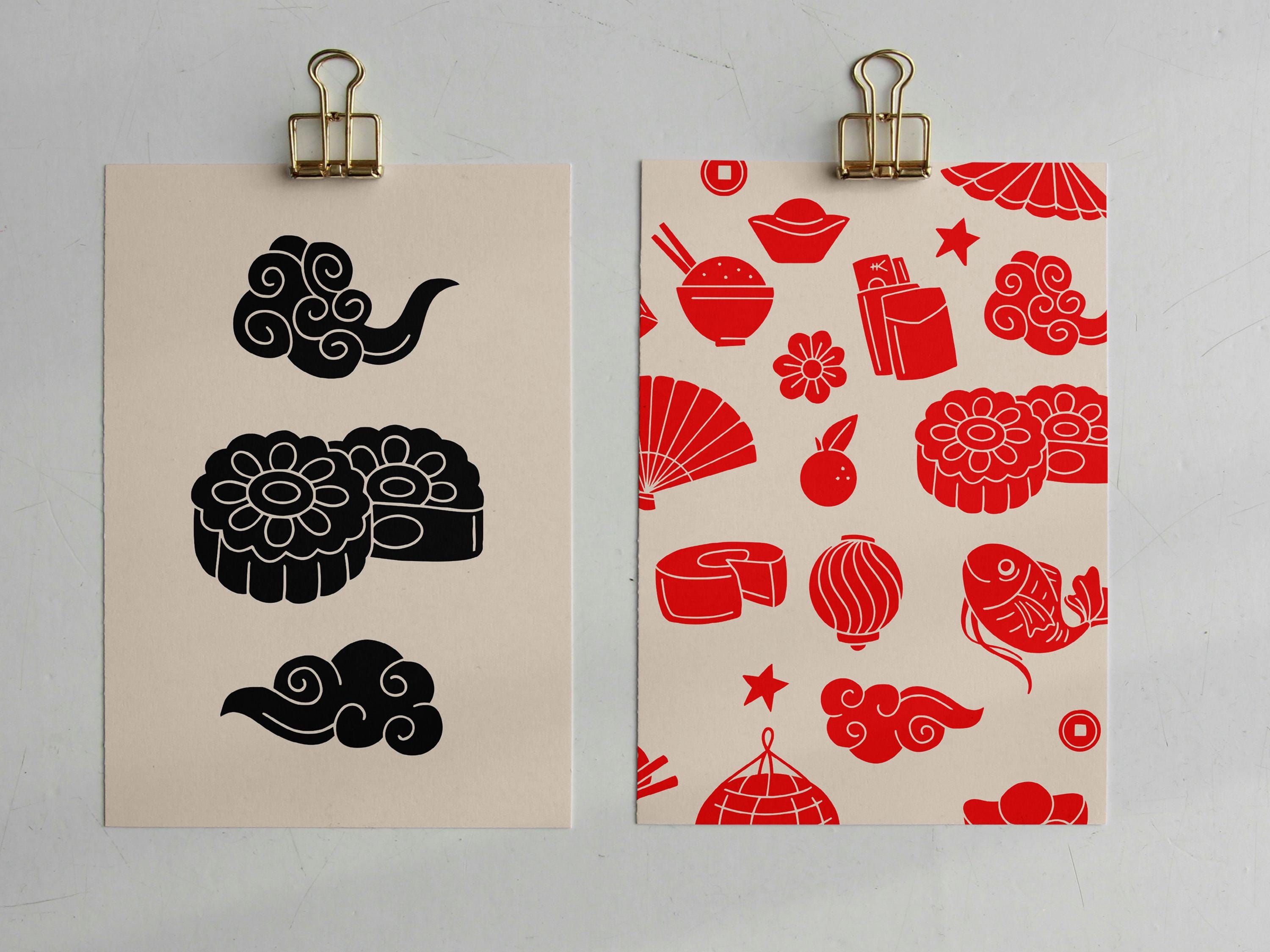 Lunar New Years Linocut Clipart Bundle, Handrawn Chinese Celebrations ...
