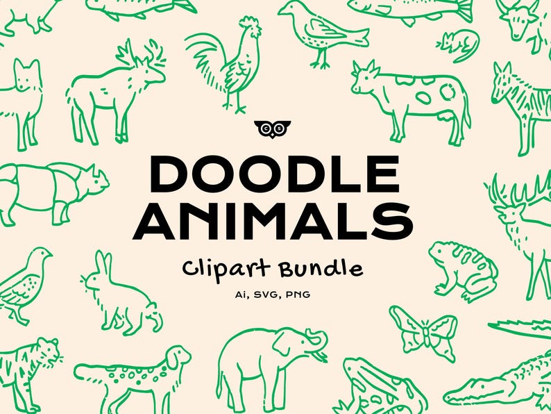 Doodle Animals Clipart Bundle, SVG Animal Drawings, Handrawn Animal ...