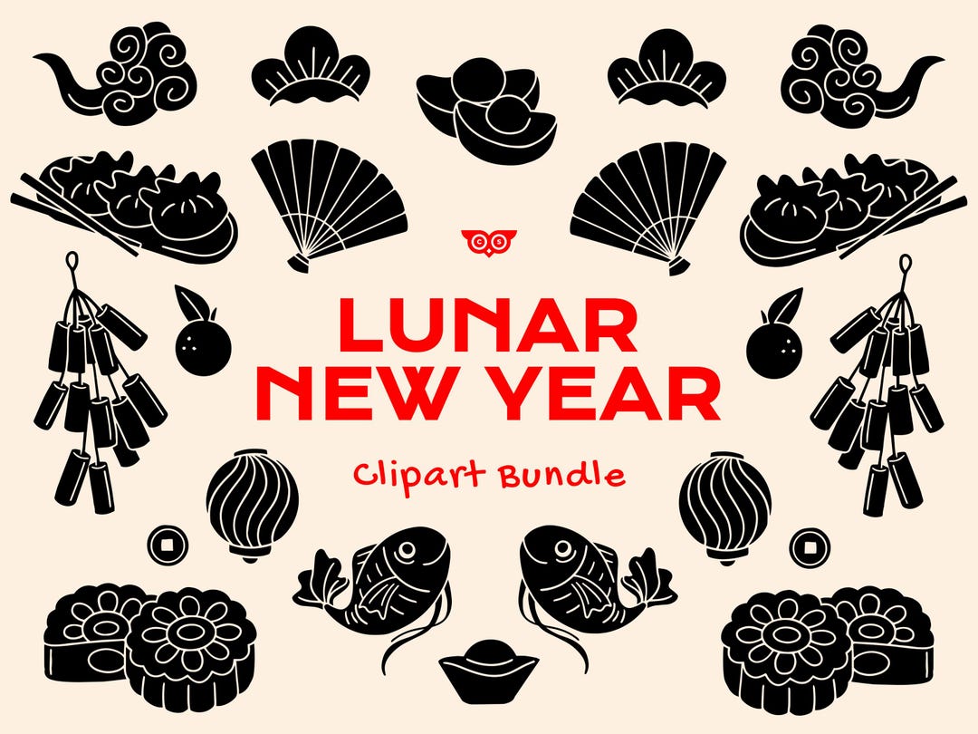 Lunar New Years Linocut Clipart Bundle, Handrawn Chinese Celebrations ...