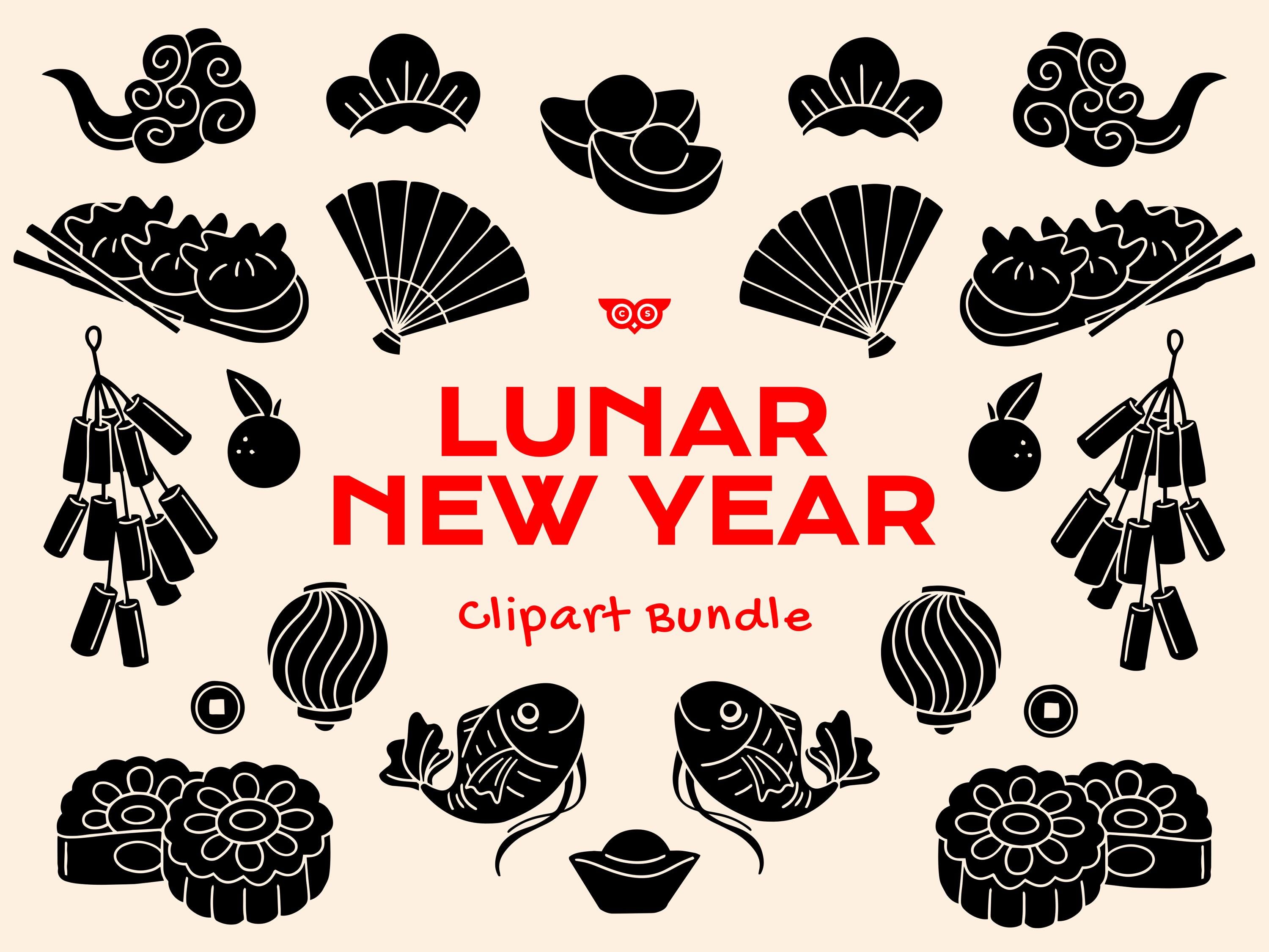 Lunar New Years Linocut Clipart Bundle, Handrawn Chinese Celebrations ...
