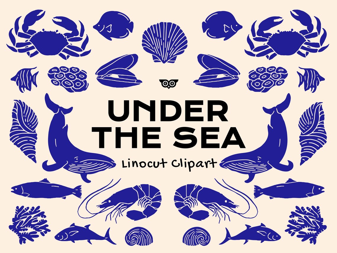 Under the Sea Linocut Clipart, Ocean PNG Files, Vector Sea Creatures ...