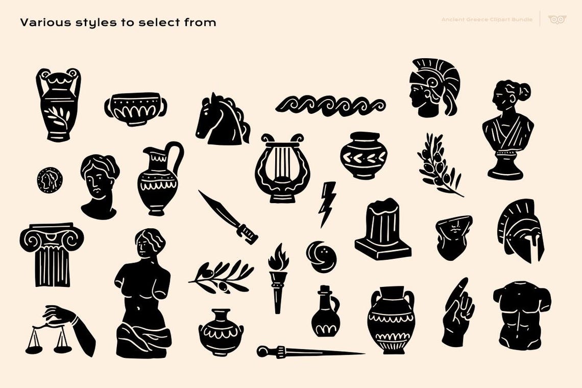 Ancient Greece Clipart Bundle, Linocut Vector Set, Handrawn Greek Art ...