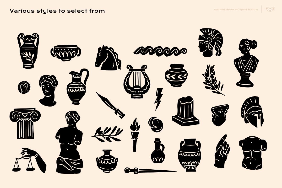 Ancient Greece Clipart Bundle, Linocut Vector Set, Handrawn Greek Art ...
