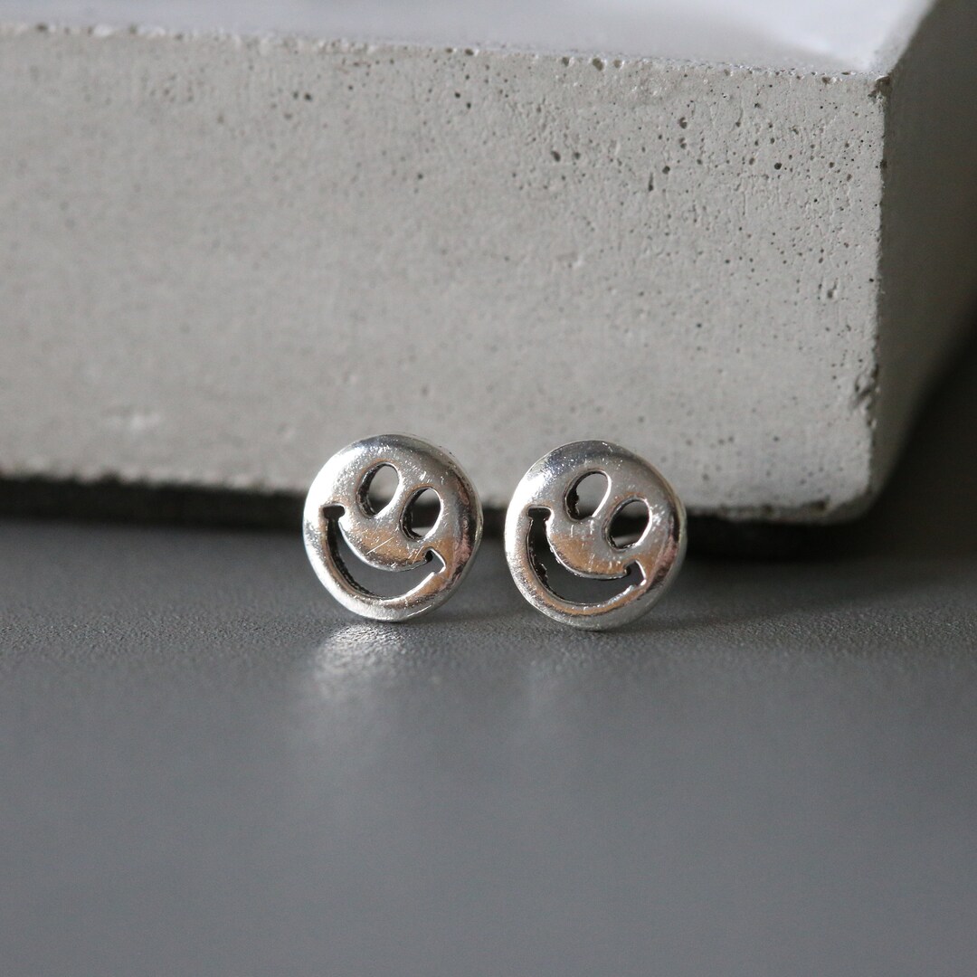 Sterling Silver Smiley Face Stud Earrings: Minimalist Jewelry - Etsy