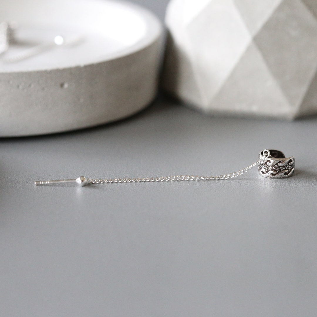 Wave Sterling Silver Cuff Earring With Chain Stud (single) - Etsy