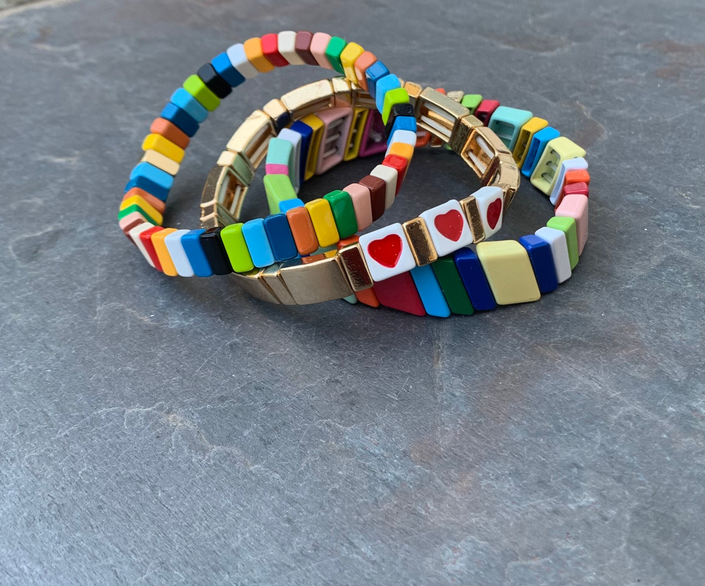 Set of Enamel Tile Bead Stretch Bracelets - Etsy