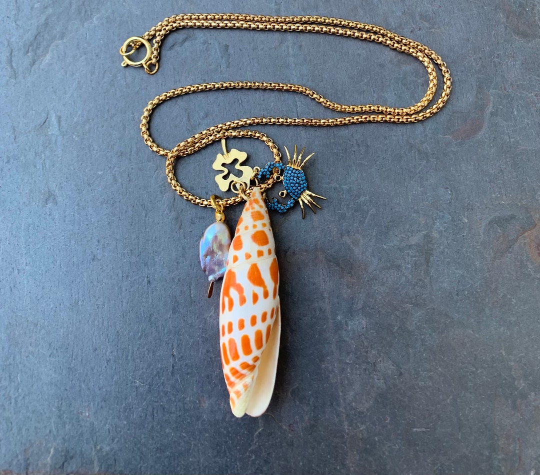 Mitra Mitra Sea Shell/blue Pave Crab Charm/white Biwa Pearl/gold Clover ...