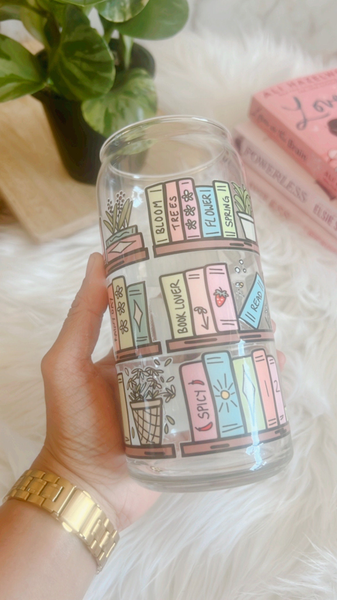 Summer Bookshelf Iced Coffee Glass Cup,romance Bookshelf Booklover ...