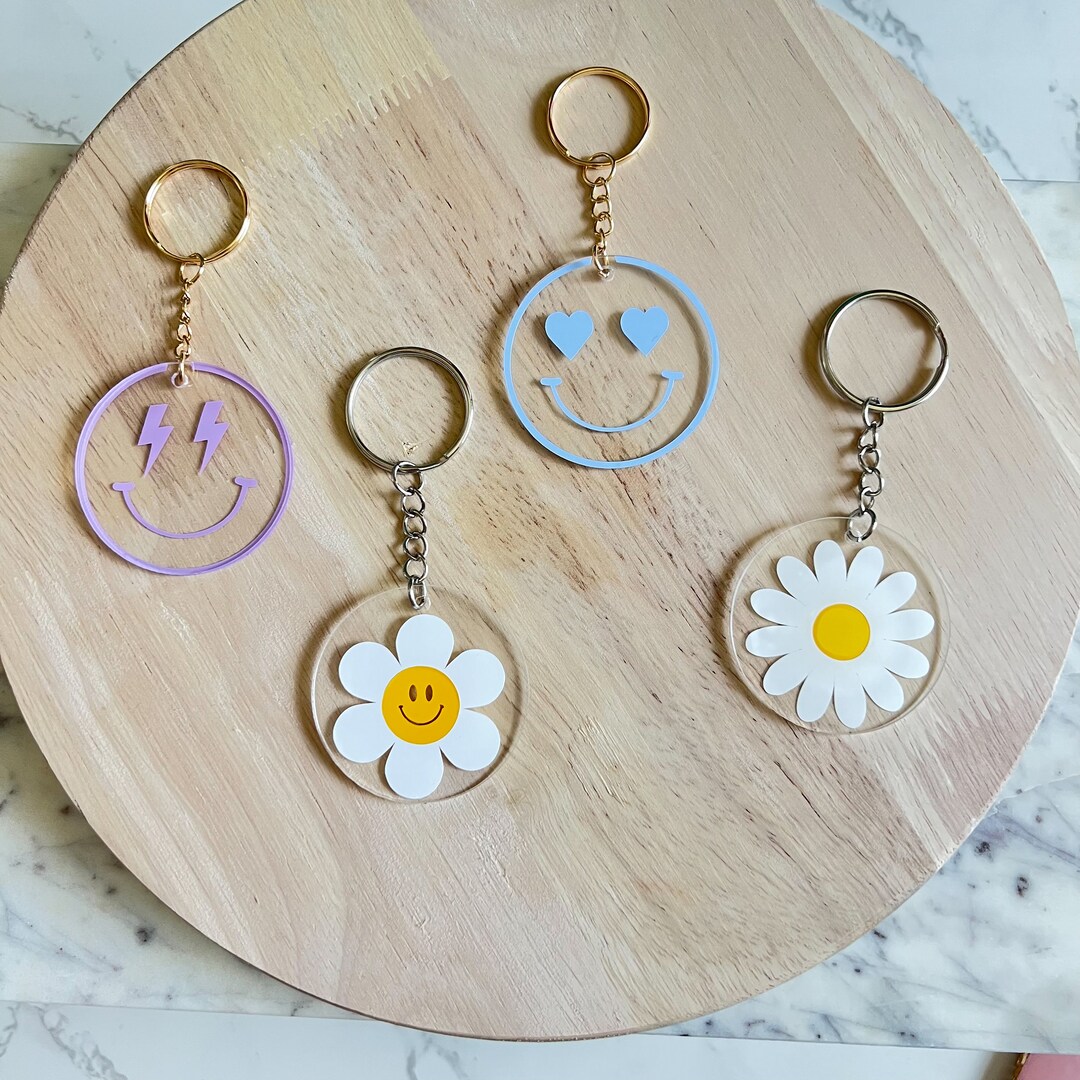 Acrylic Smiley Happy Face Keychain, Rainbow Acrylic Keychain, Retro ...