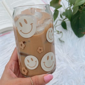 Checkered Arch Smile Iced Coffee Glass,boho Happy Face Cup,smiley Daisy ...