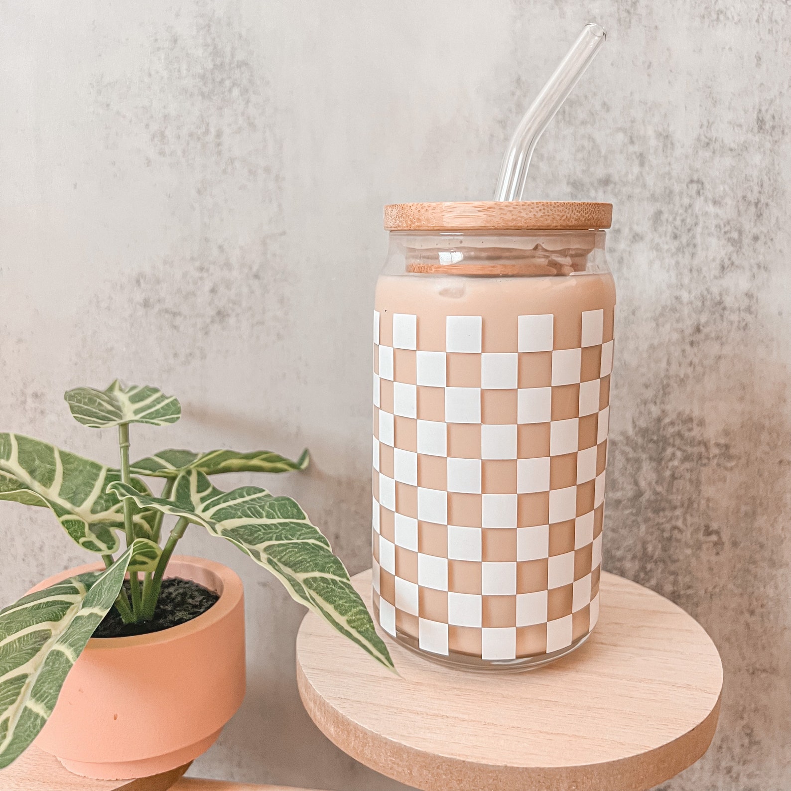 Checkered Iced Coffee Glass Cupaesthetic Checkered Etsy