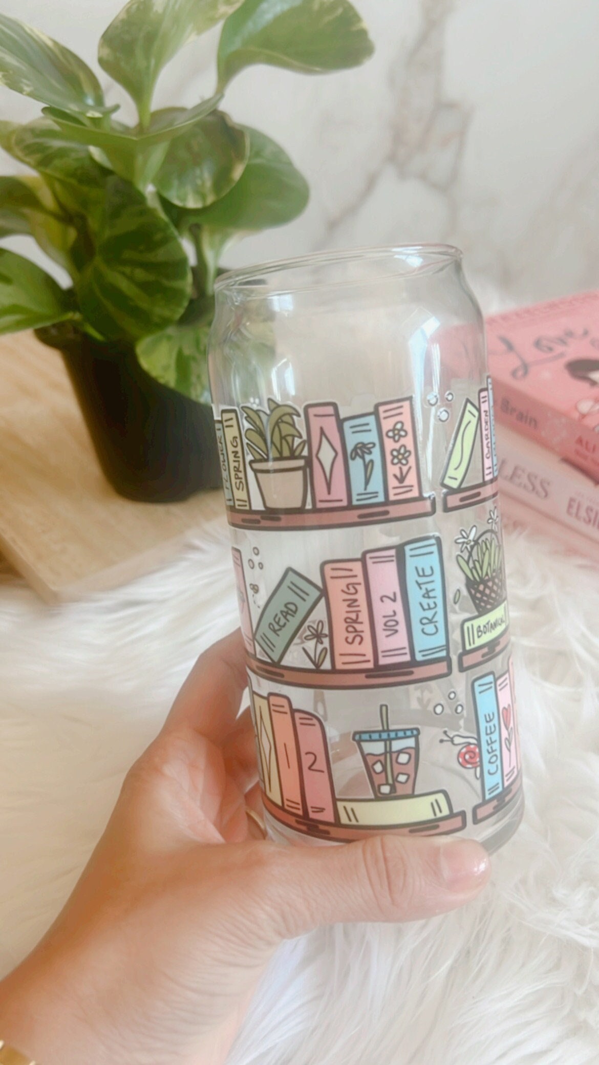 Summer Bookshelf Iced Coffee Glass Cup,romance Bookshelf Booklover ...