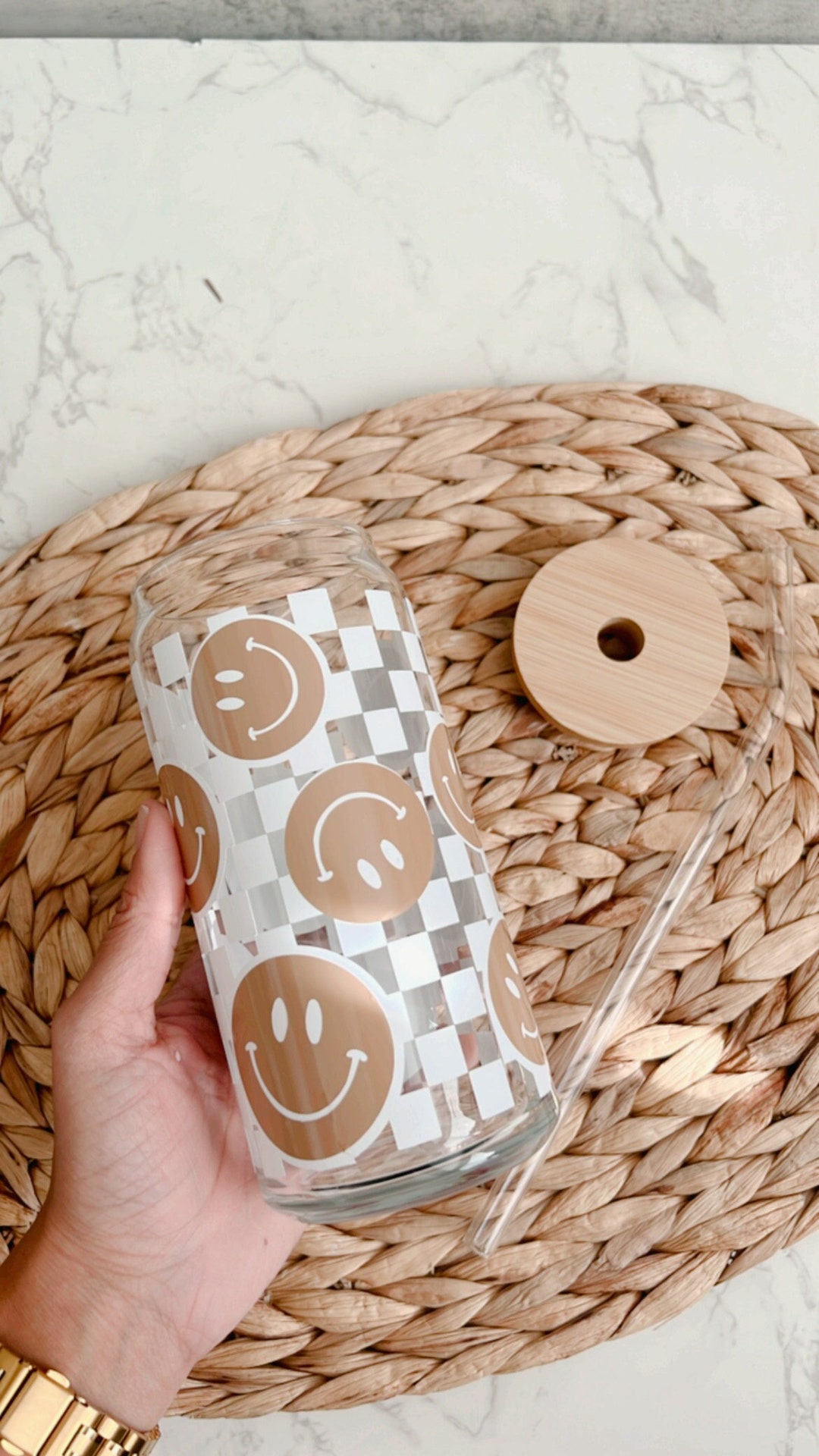 Checkered Smiley Iced Coffee Glass Cup,aesthetic Checkered Glass,retro ...