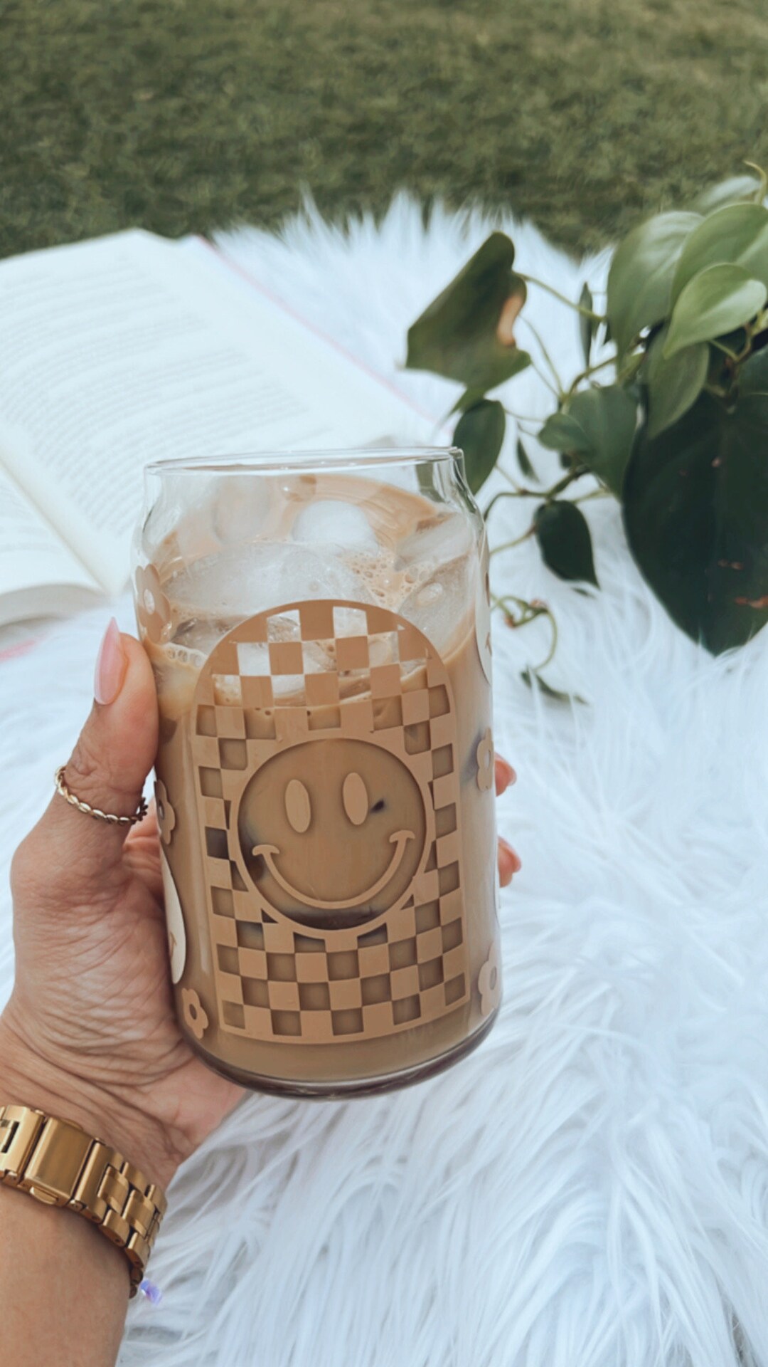 Checkered Arch Smile Iced Coffee Glass,boho Happy Face Cup,smiley Daisy ...