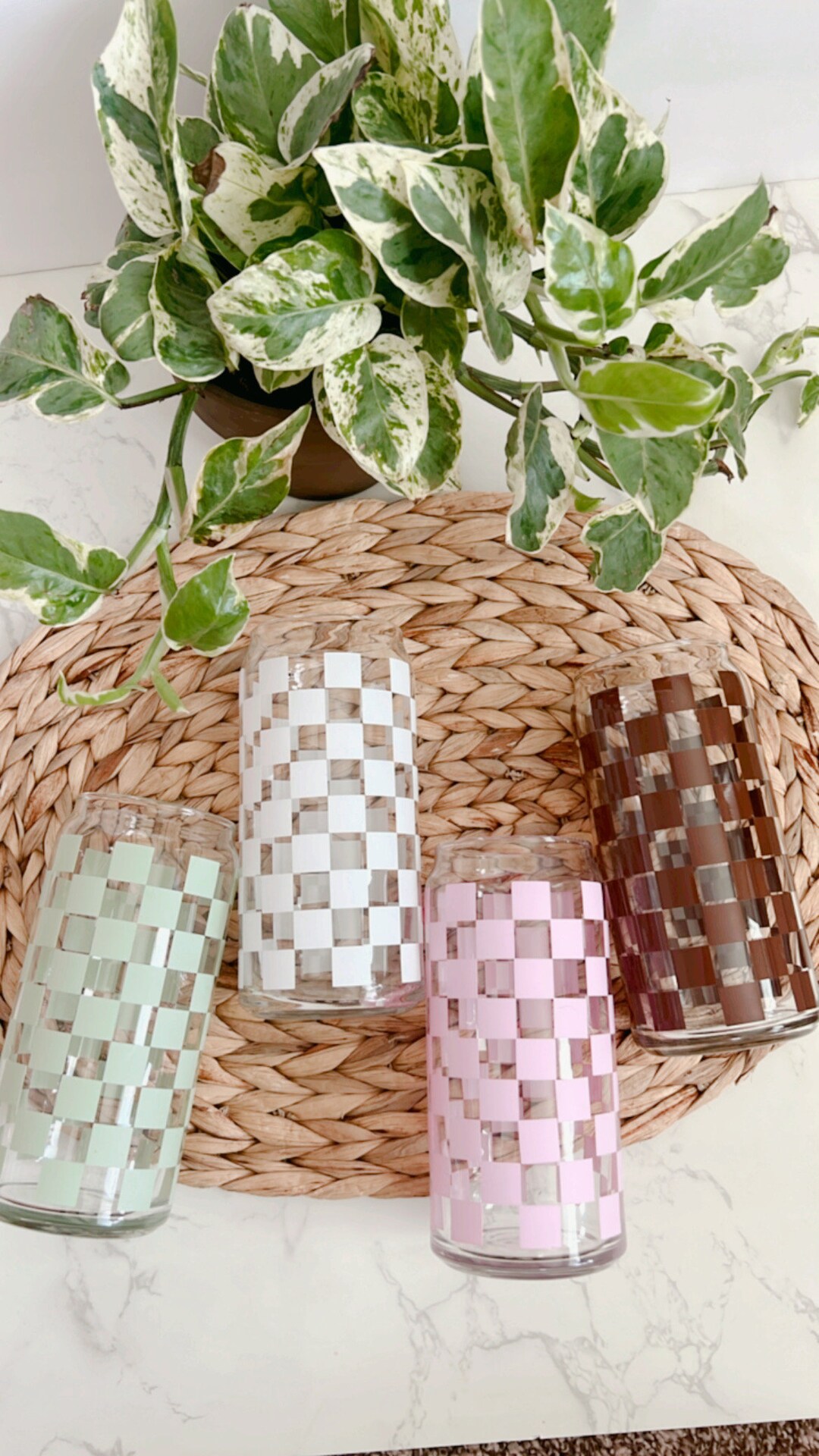 Retro Checkered Iced Coffee Glass Cup,aesthetic Checkered Glass,groovy ...