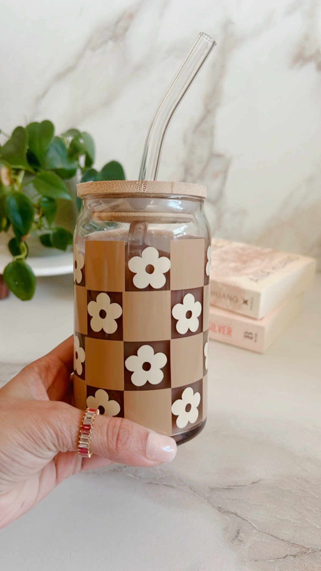 Retro Checkered Flower Iced Coffee Glass Cup,aesthetic Boho Daisy ...