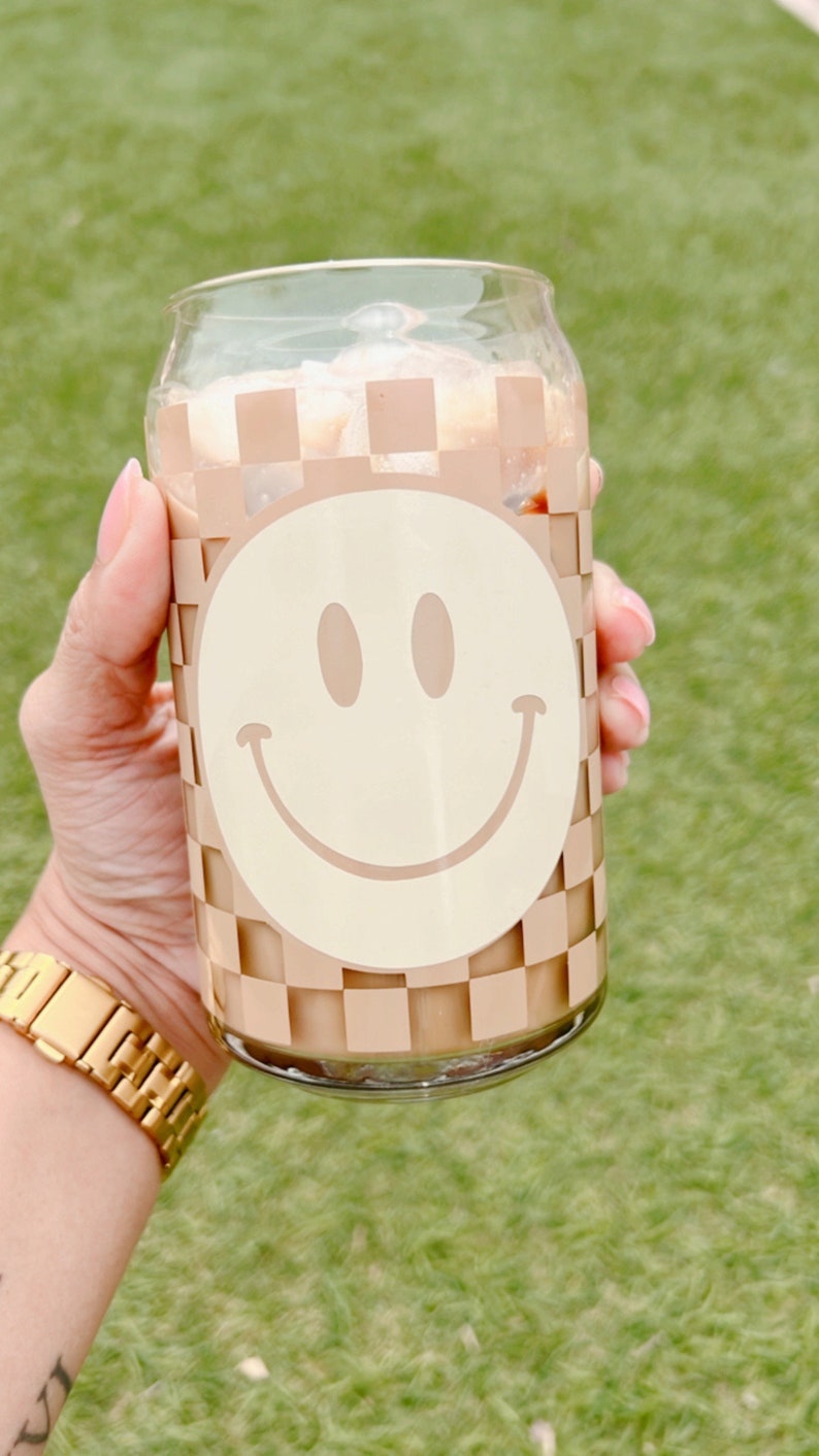 Smiley Face Beer Can Glass,checkered Happy Face Glass,happy Face Glass ...