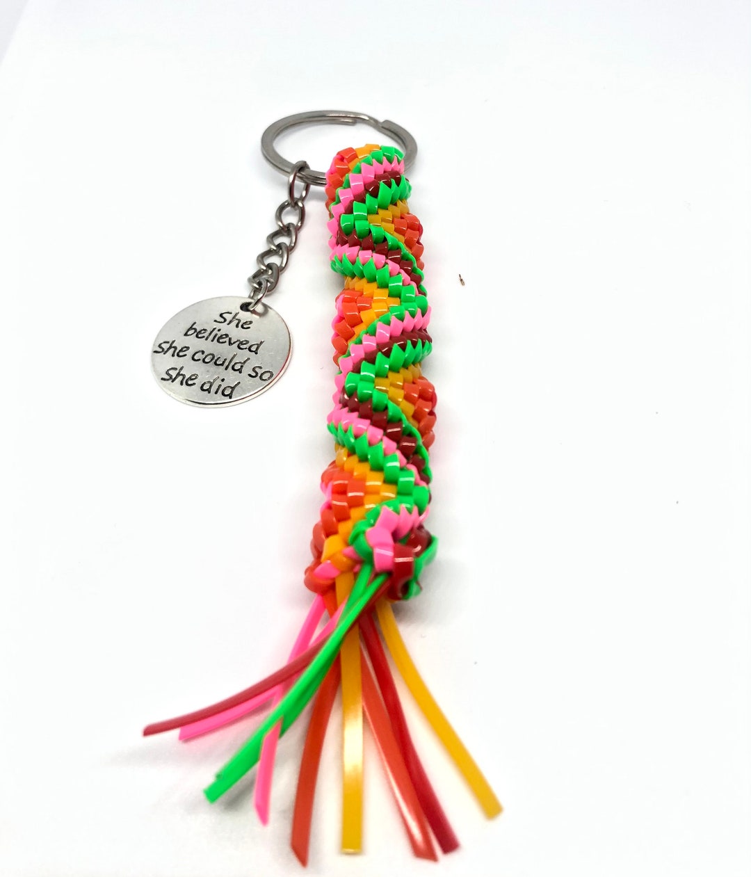 Red Pink Yellow and Orange Rexlace Keychain Boondoggle - Etsy UK