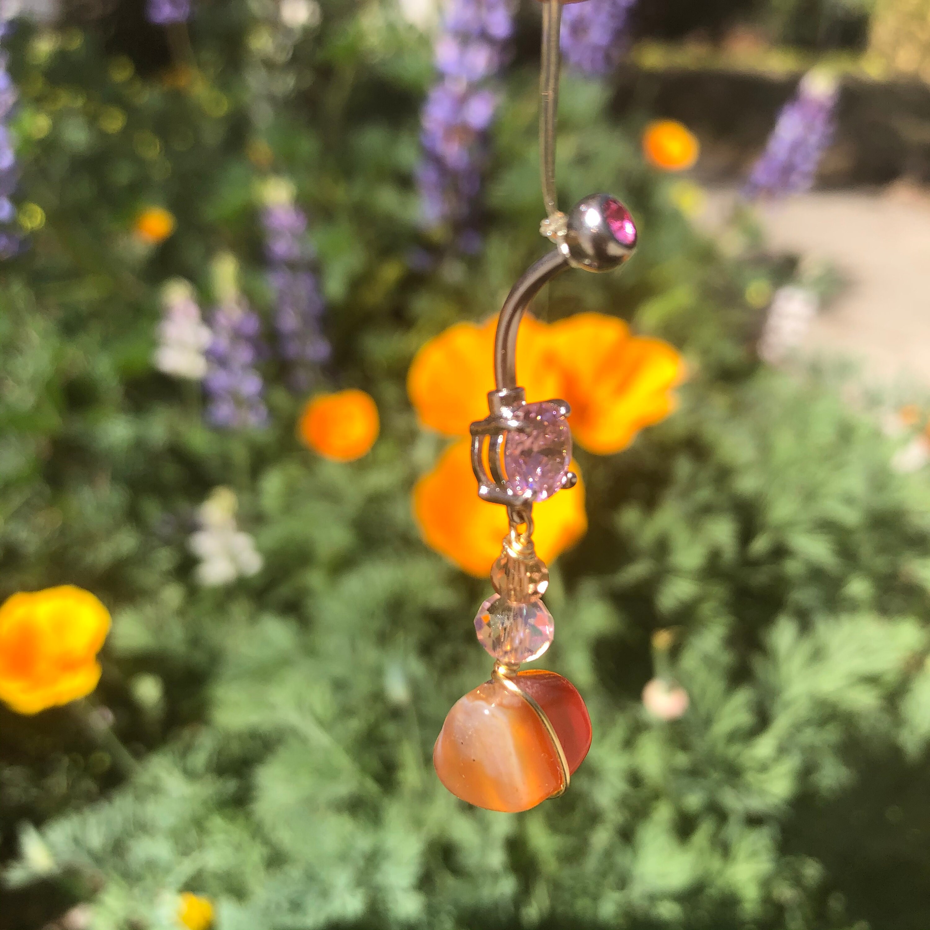 Carnelian Sunset Crystal Belly Ring Pink Orange Peach Red - Etsy