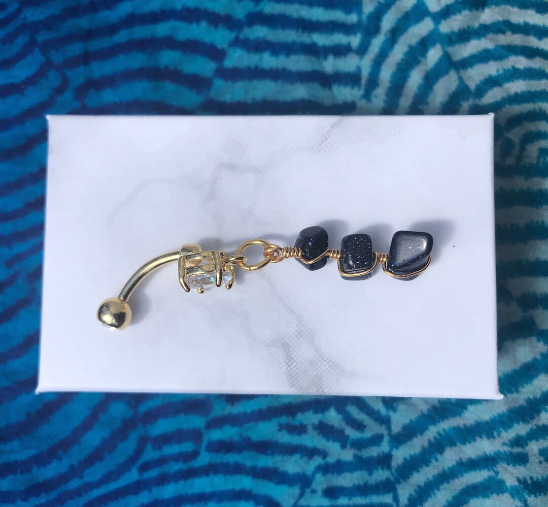 Blue Goldstone Wire Wrapped Belly Button Ring Surgical Steel Dangle 14g ...
