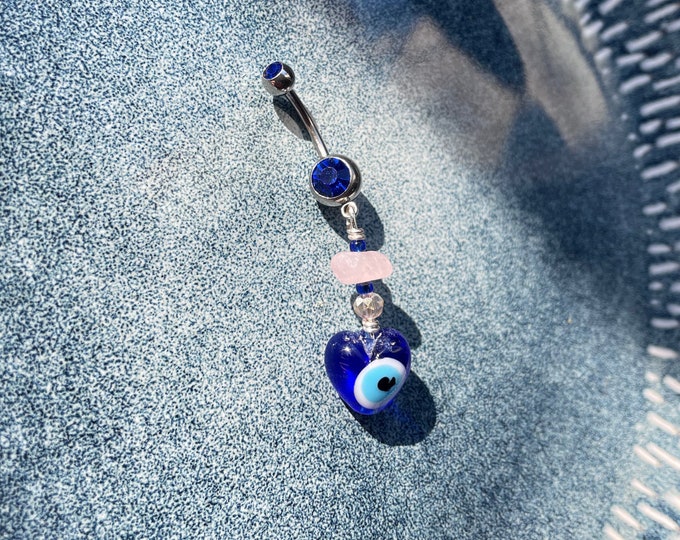 Evil Eye Rose Quartz Belly Button Ring Surgical Steel Dangle - Etsy