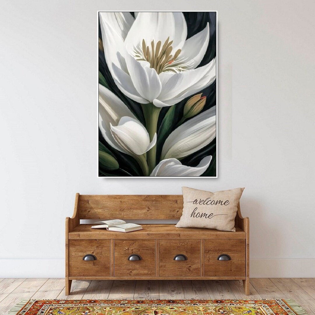Large Flower Wall Art, Printable White Flowers Floating Frame Canvas ...