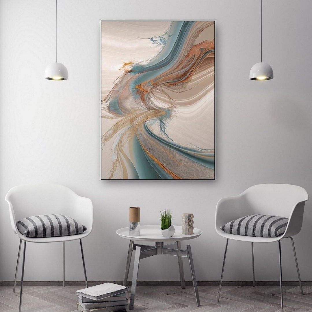 Large Abstract Wall Art, Large Float Frame Wall Art, Blue Beige Canvas ...