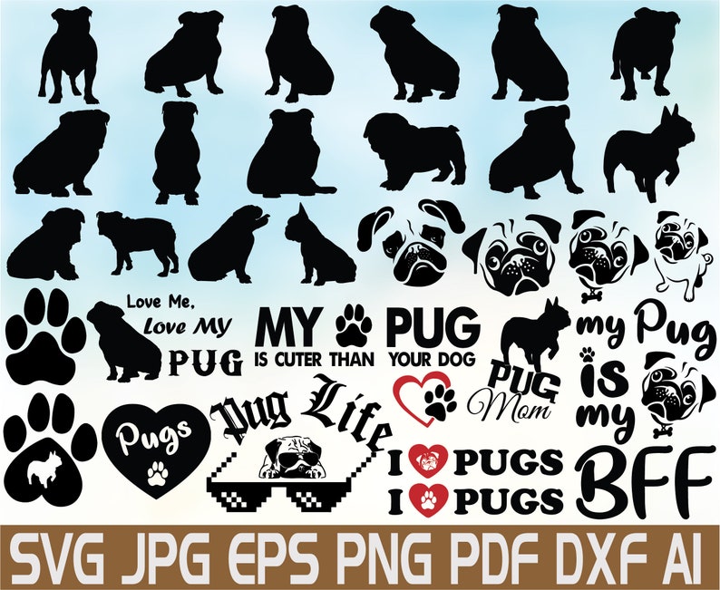 30 Pug Svg Bundle Pug Clipart Pug Silhouette Svg Pug Mom Svg - Etsy