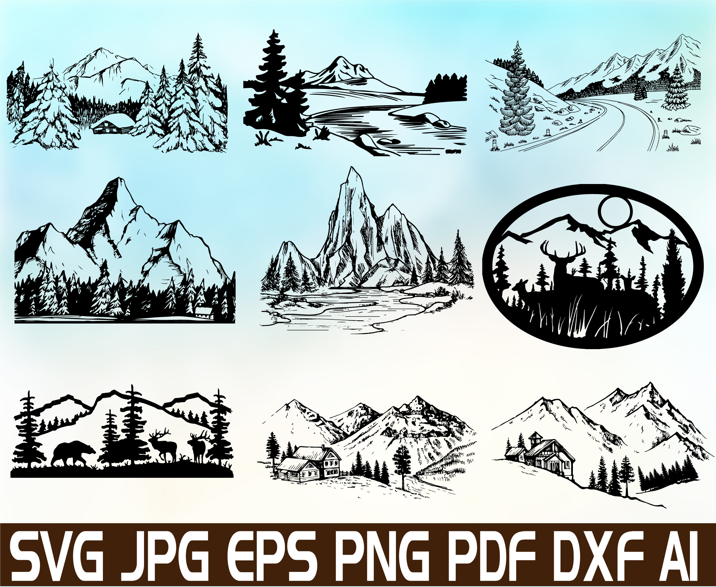 18 Mountain Scenery Svg Mountain Scenery Silhouette Files Mountain ...