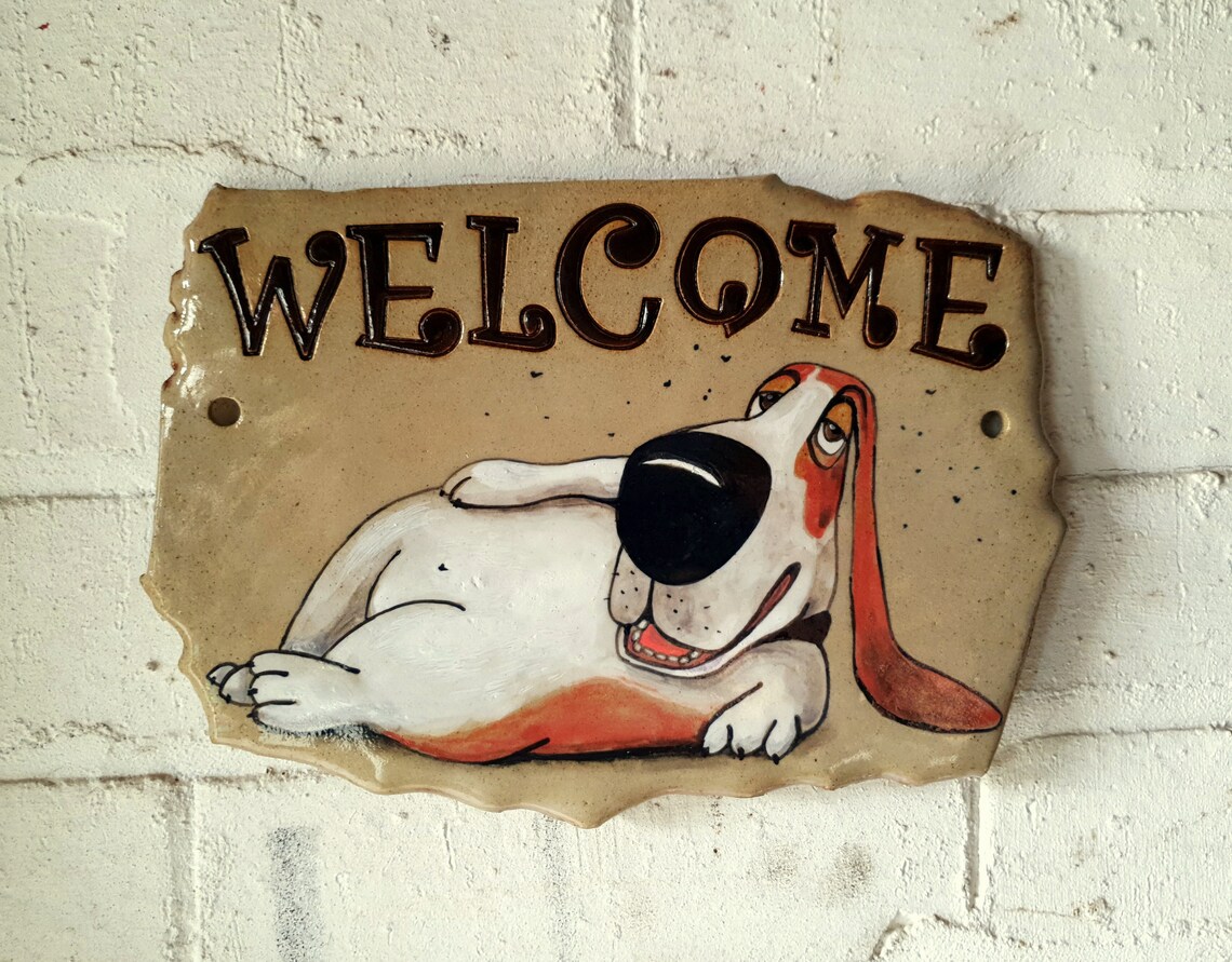Hand Painted Ceramic Plaque With Dog Welcome Sign Outdoor - Etsy UK