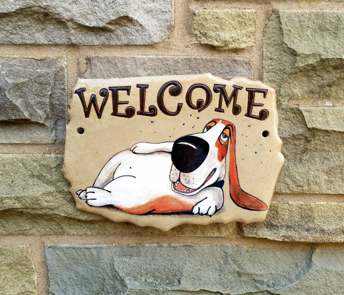 Hand Painted Ceramic Plaque With Dog Welcome Sign Outdoor - Etsy UK