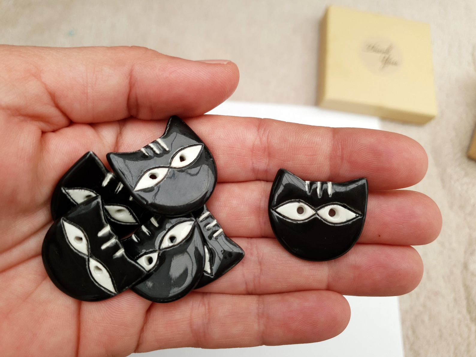 Handmade ceramic cat shaped buttons Set of 6 black and white | Etsy