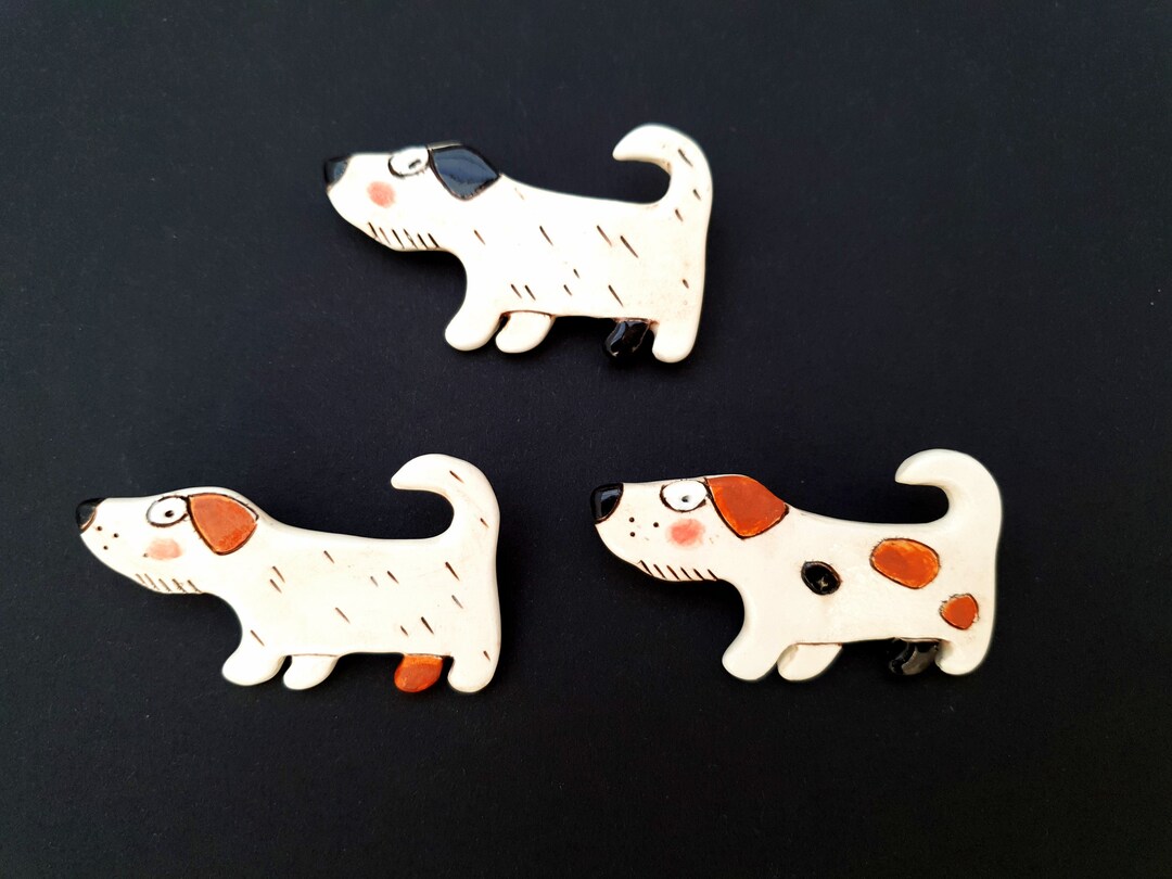 Black and White Dog Brooch, Handmade Porcelain Animal Badge, Cute Dog ...
