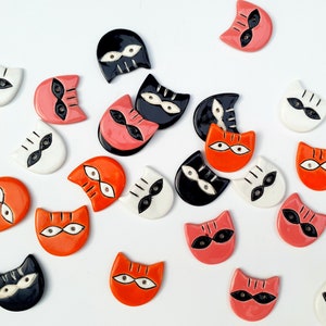 Handmade Ceramic Cat Shaped Buttons, Set of 6 Black and White Craft ...
