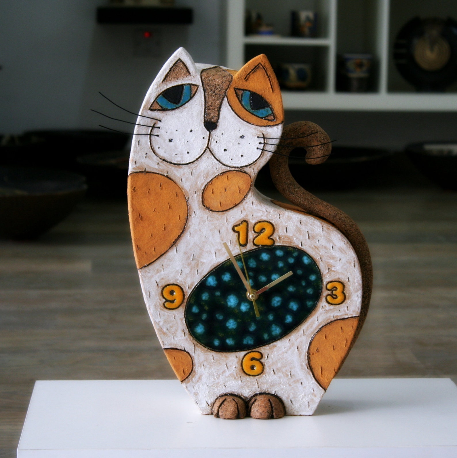 Handbuilt Table Top Clock in a Shape of a Cat White Cat With - Etsy
