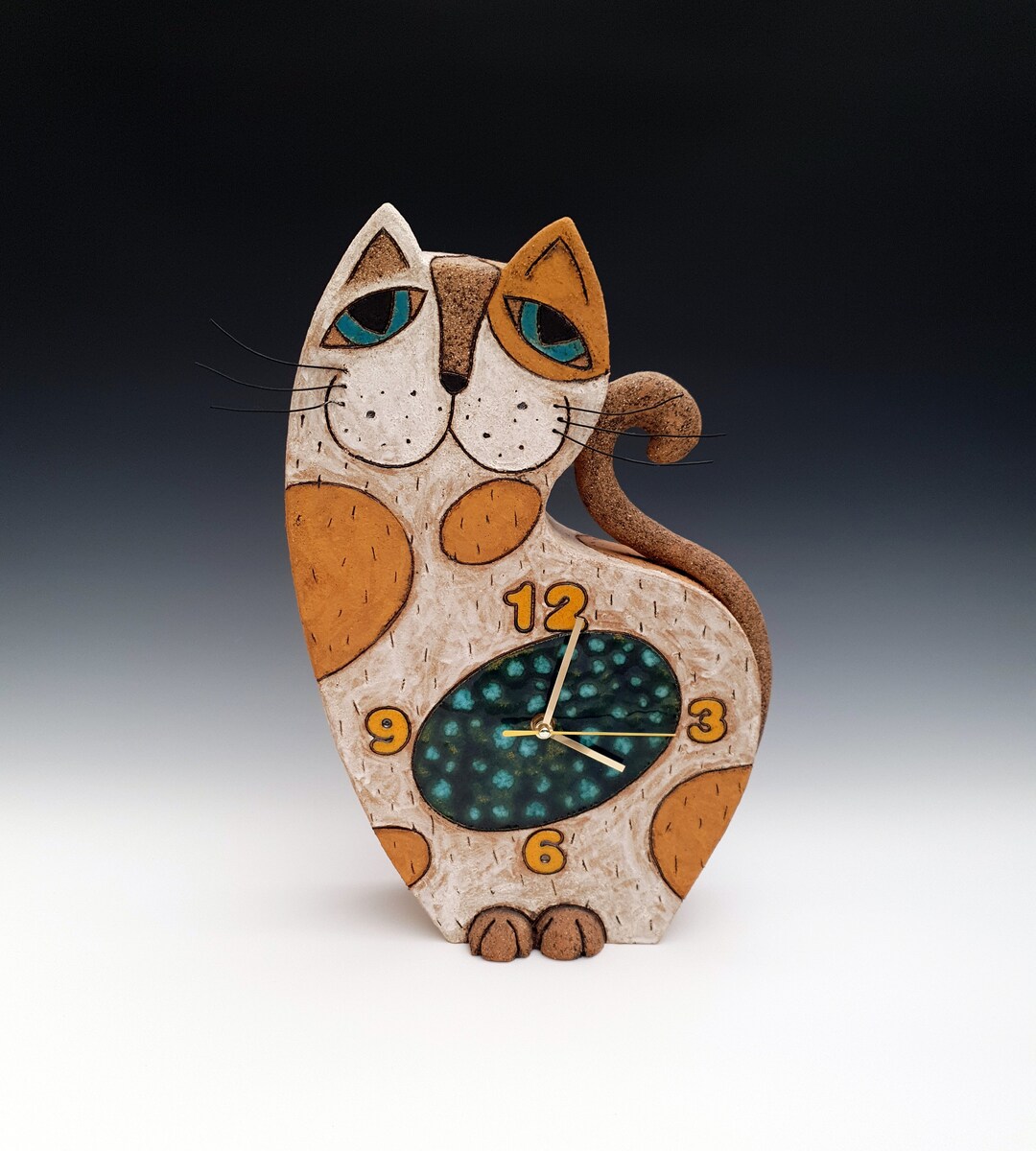 Handbuilt Table Top Clock in a Shape of a Cat, White Cat With Orange ...