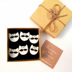 Handmade Ceramic Cat Shaped Buttons, Set of 6 Black and White Craft ...