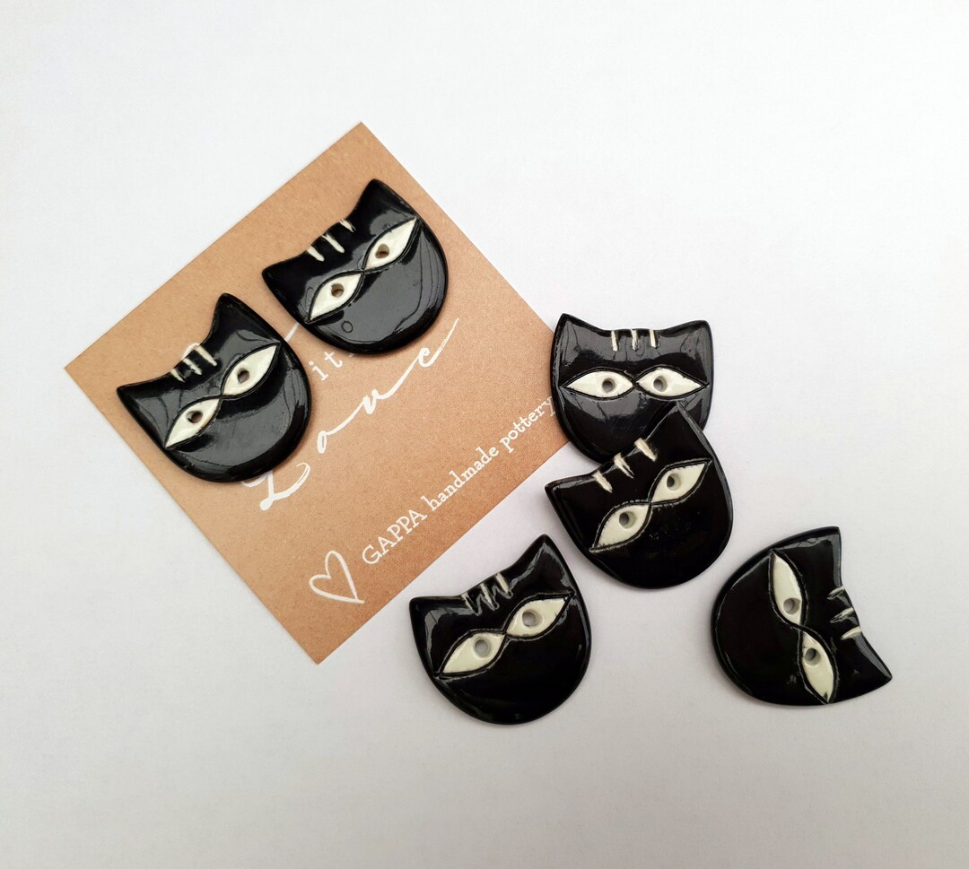 Handmade Ceramic Cat Shaped Buttons, Set of 6 Black and White Craft ...