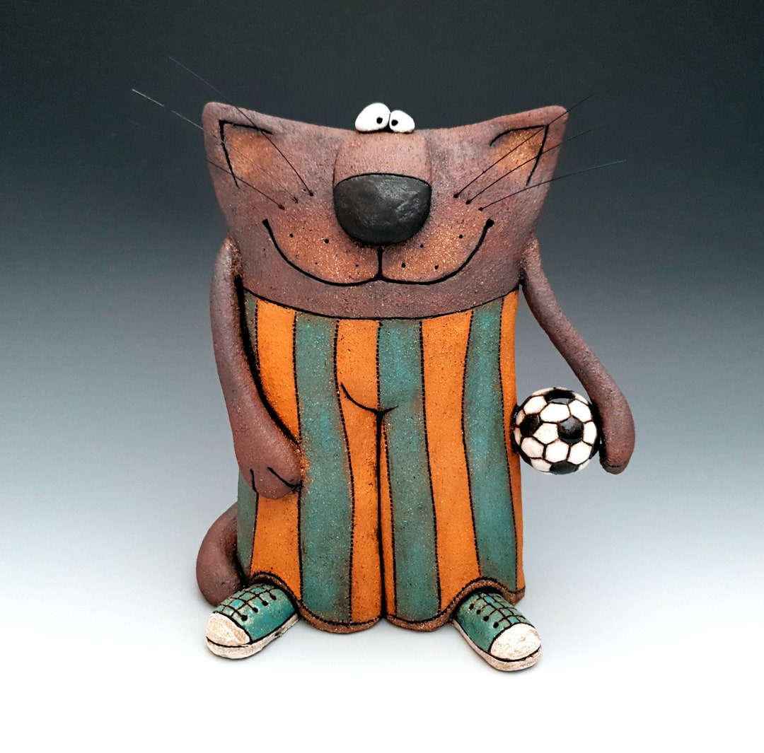Cat Soccer Player Sculpture Pottery Cat With Striped Pants and Football ...