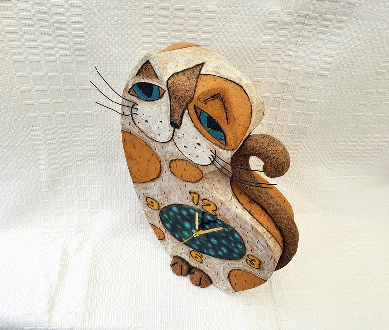 Handbuilt Table Top Clock in a Shape of a Cat White Cat With | Etsy